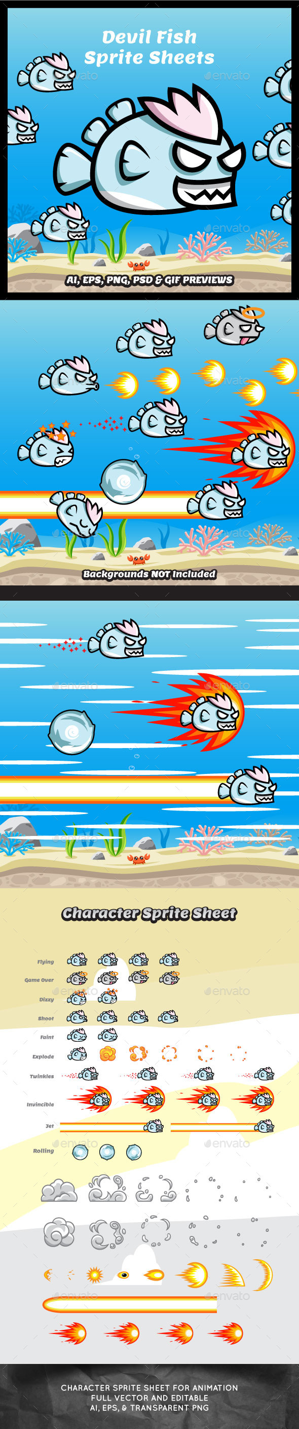 Fishes Sprite Sheet Graphics, Designs & Templates