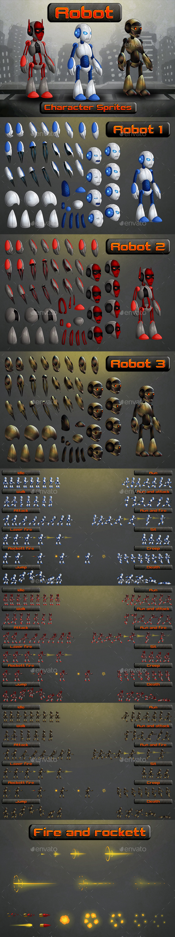 Robot 2D Game Sprites & Sheet Templates from GraphicRiver