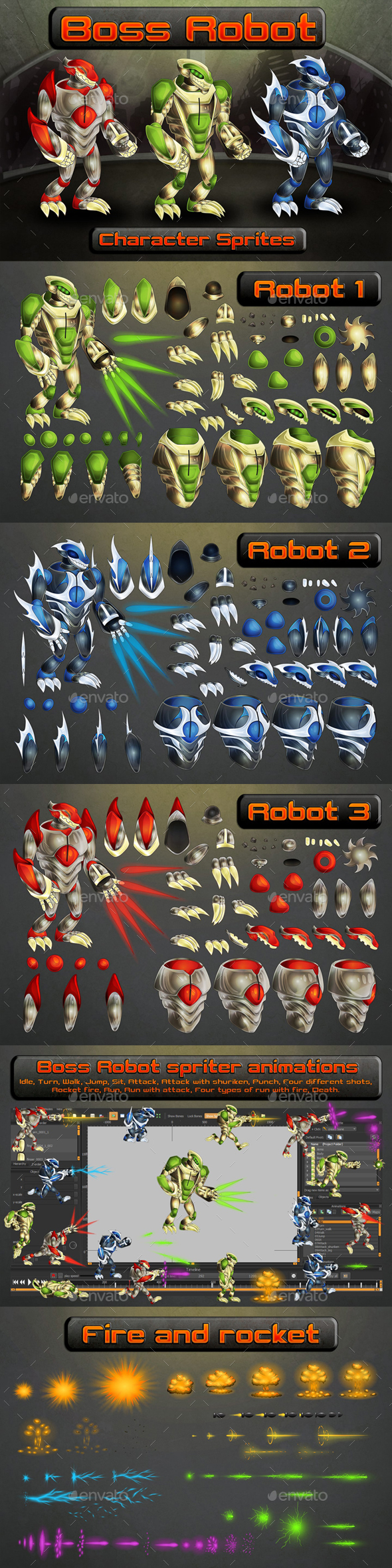 Robot 2D Game Sprites & Sheet Templates from GraphicRiver