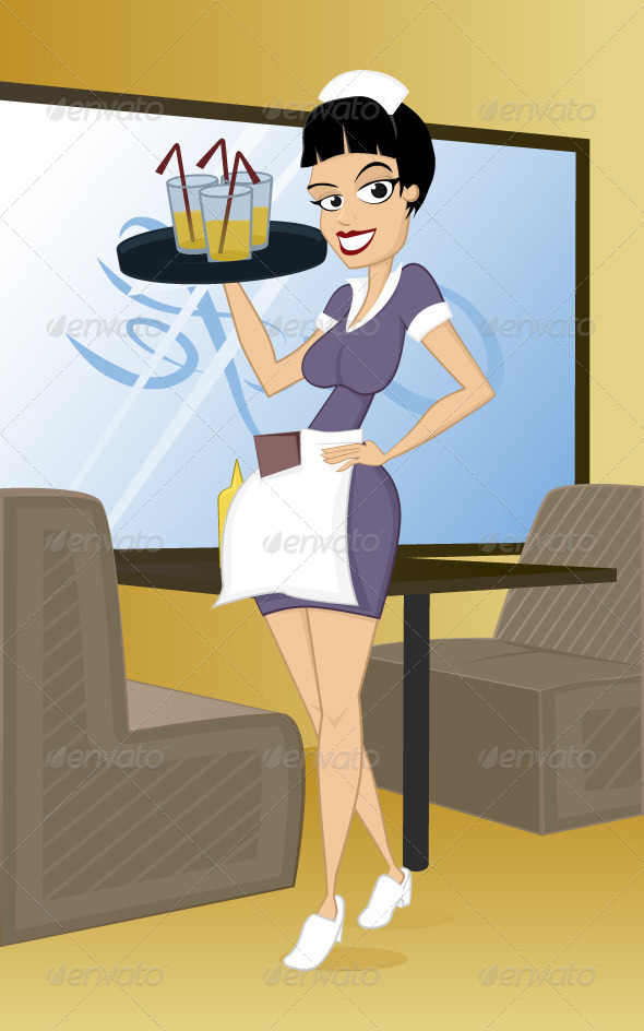 Waitress Cartoon Graphics, Designs & Templates